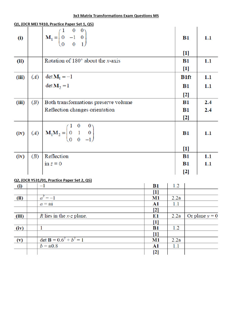 Matrices - 3x3 Transformations Exam Questions MS | PDF