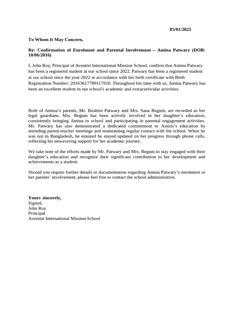 School Letter Amina | PDF
