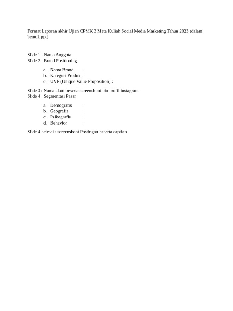 Format Laporan Akhir Ujian CPMK 3 Mata Kuliah Social Media Marketing Tahun 2023 | PDF