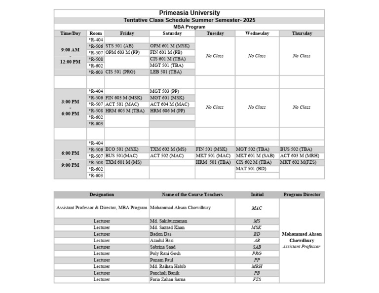 Class Routine Summer 2025 | PDF
