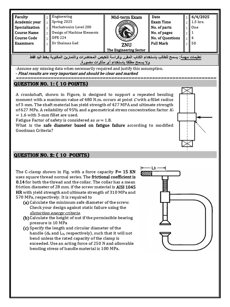 Mechatronics Mid-term Exam 2025 | PDF | Strength Of Materials | Belt ...