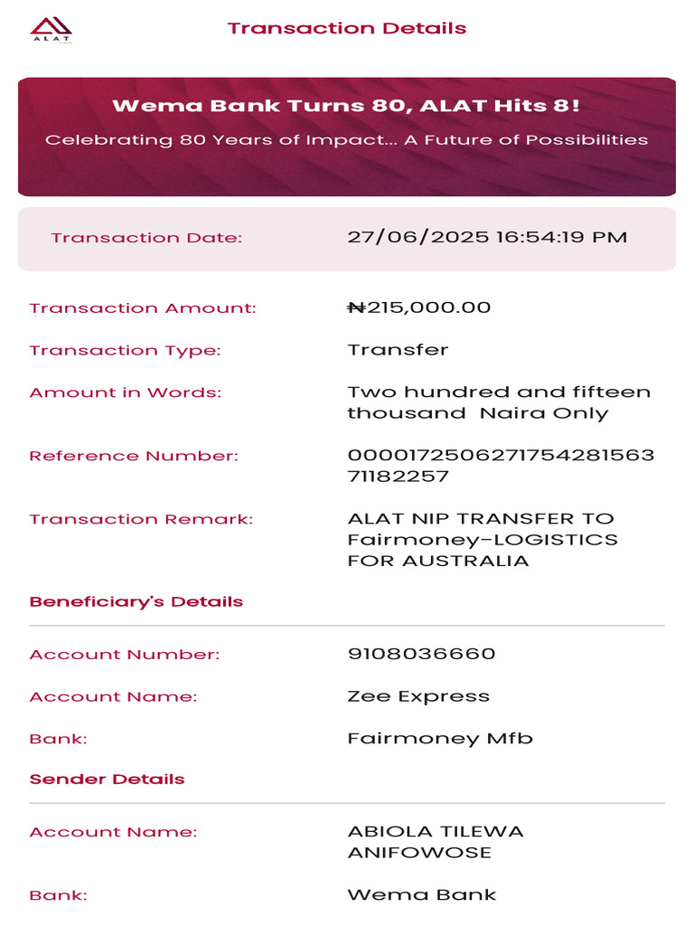 ALAT Transfer Receipt - Zee Express - 9108036660 - 215,000.00 - Friday ...