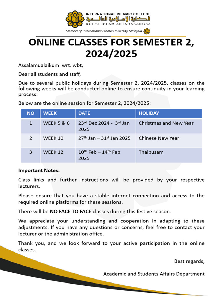 Announcement Online Classess Sem 2, 20242025 | PDF