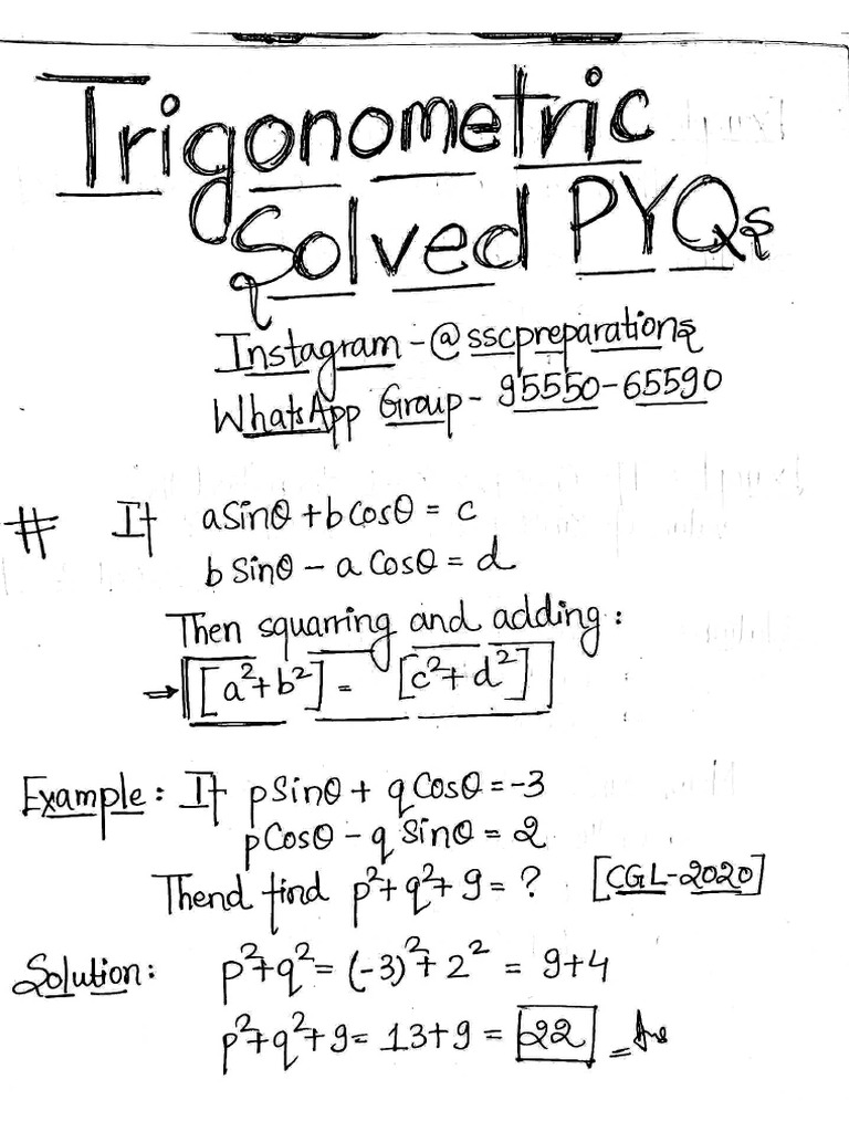 Trigonometry Solved PYQs - Handwritten Notes For SSC CGL 2025 | PDF