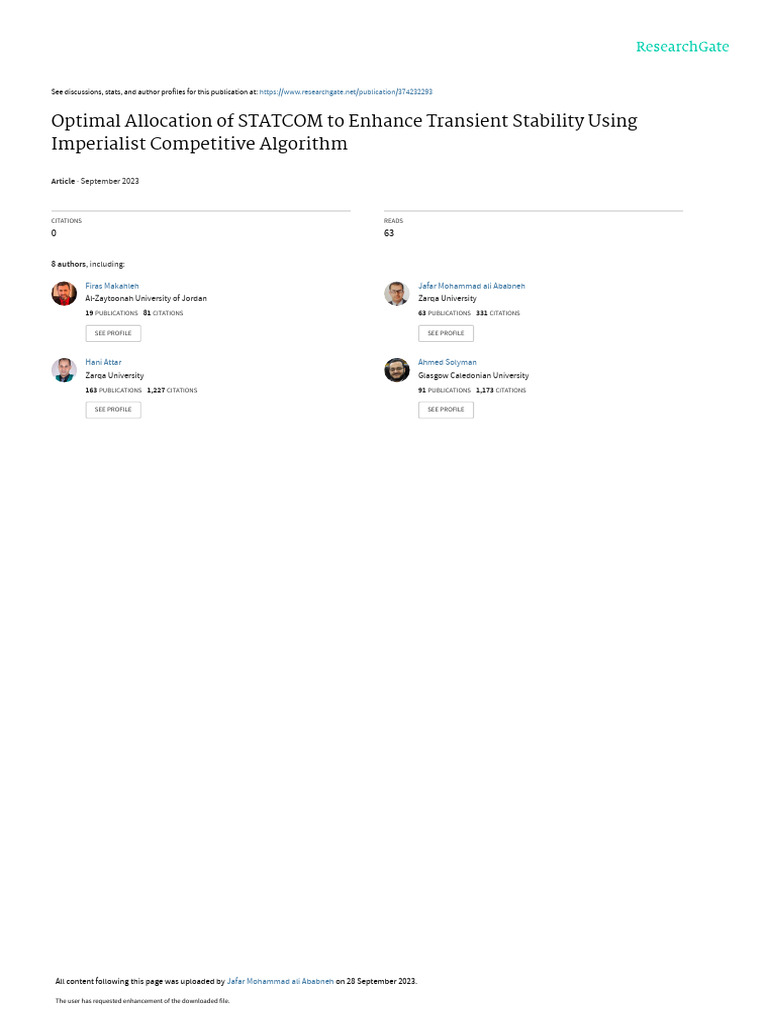 Optimal Allocationof STATCOMto Enhance Transient Stability Using | PDF | Electric Power ...