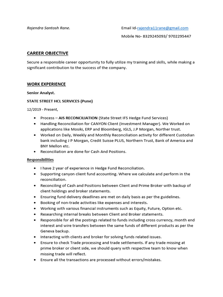 Rajendra Santosh Rane Ex Resume | PDF | Money | Financial Markets
