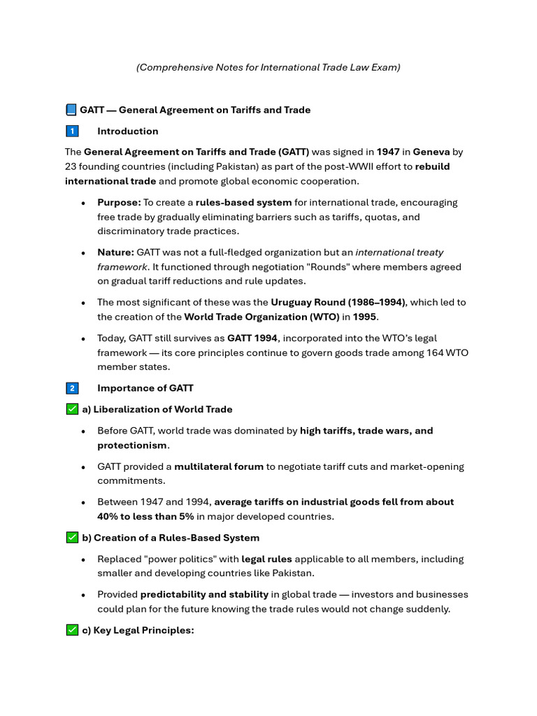 International Trade Law Exam Notes | PDF | General Agreement On Tariffs ...