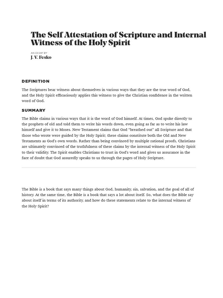 The Self Attestation of Scripture and Internal Witness of The Holy ...