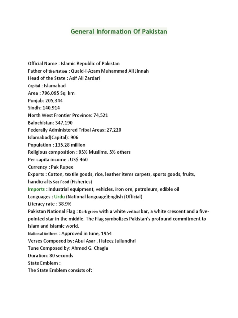 General Information of Pakistan | PDF | Pakistan | Islamabad