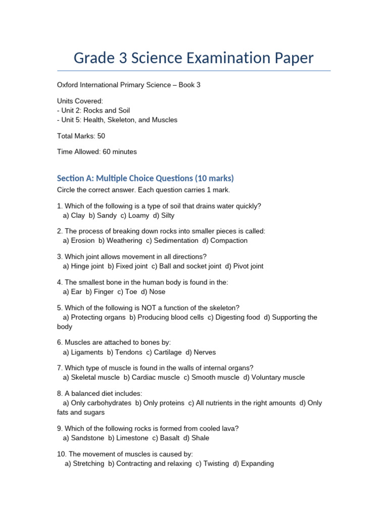 Grade 3 Science Exam Paper | PDF | Muscle | Skeleton