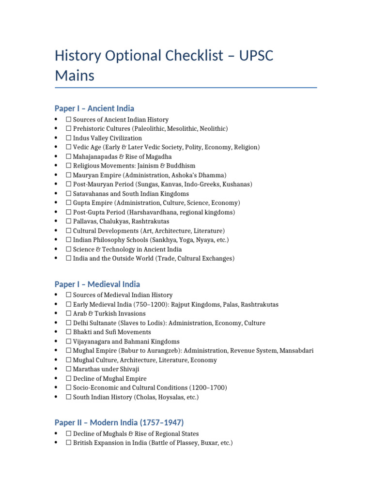 UPSC History Optional Checklist | PDF | Asia | South Asia