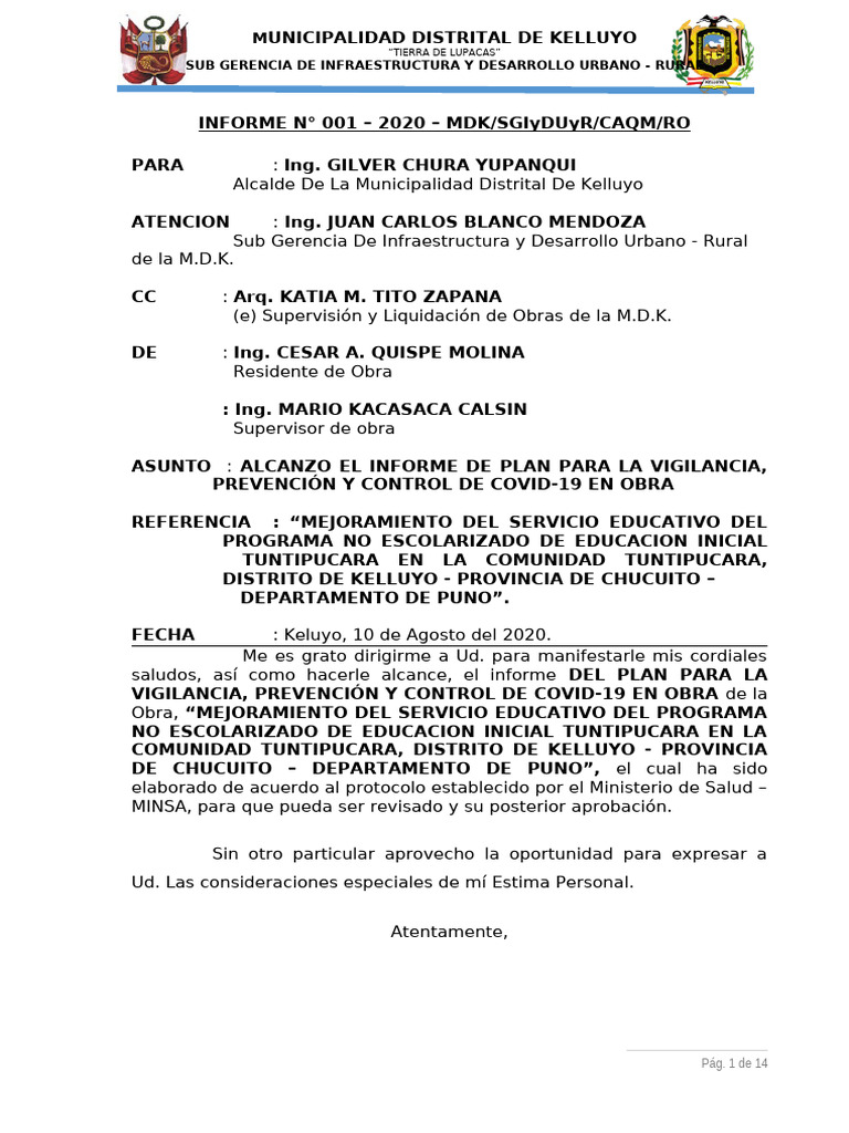 Inf. #01 Plan para La Vig. Control COVID - 19 en Obra | PDF | Lavado de manos | Higiene