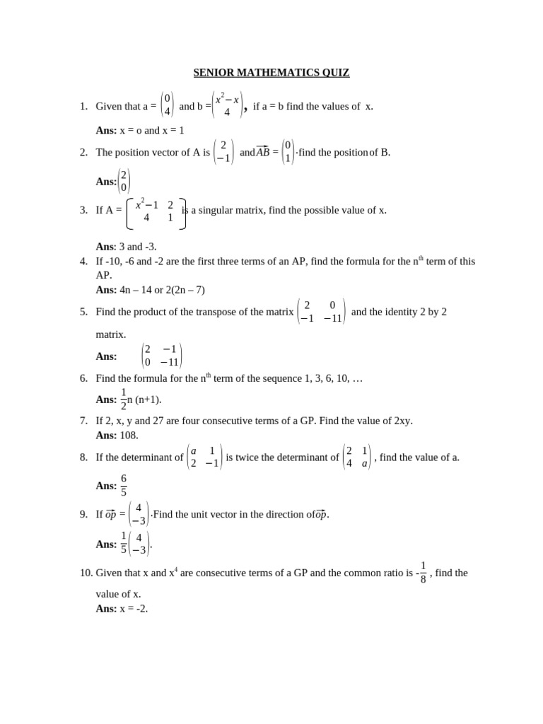 1 Senior Mathematics Quiz | PDF | Determinant | Mathematical Physics