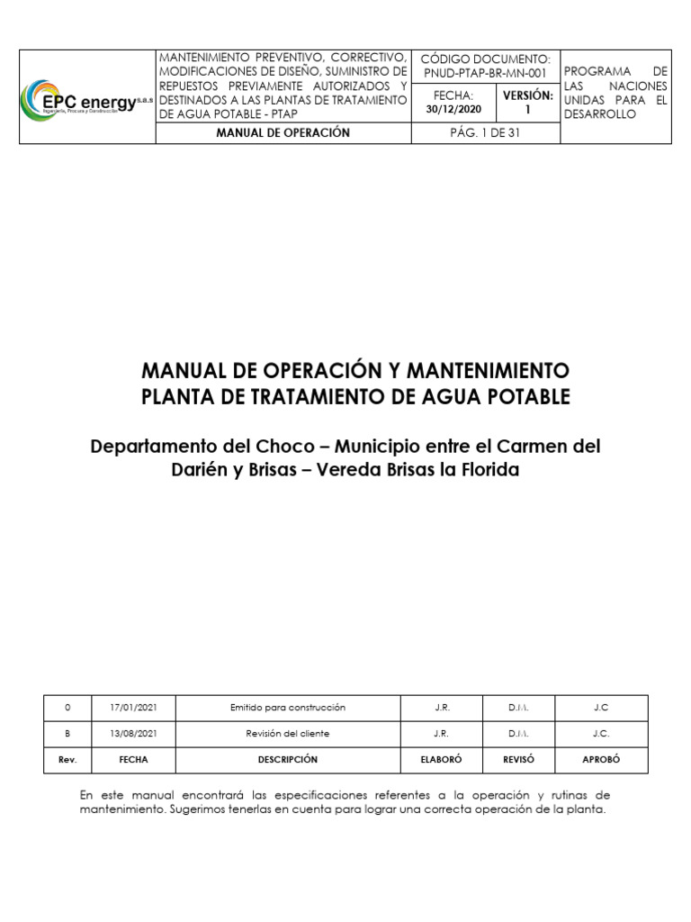 PNUD-PTAP-BR-MN-001-Manual Operacion y Mantenimiento PTAP Brisas | PDF ...