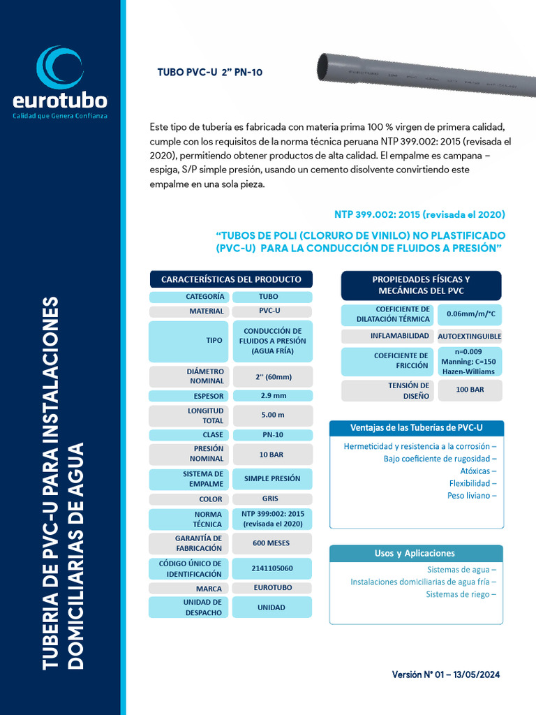FT Tubos PVC NTP 399.002 2 Pn-10 | PDF | Tubería (transporte de fluidos) | Procesos industriales
