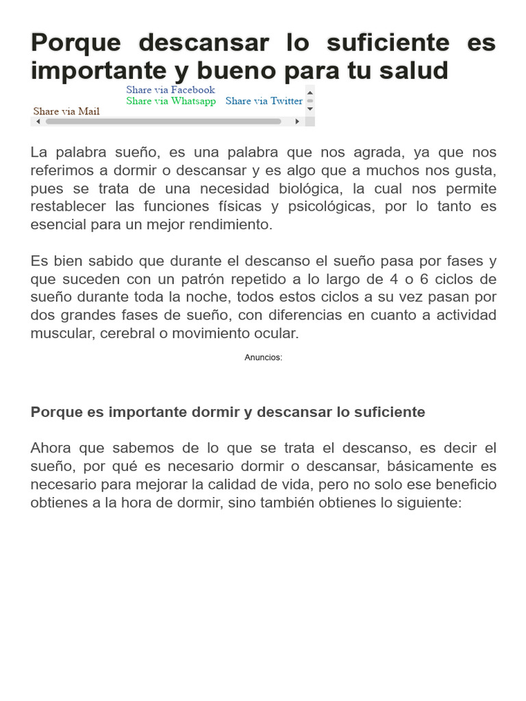 Beneficios de Descansar y Dormir Lo Suficiente | PDF