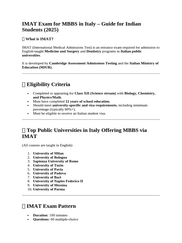 IMAT Exam Guide for Indian MBBS Students | PDF | Educational Stages ...