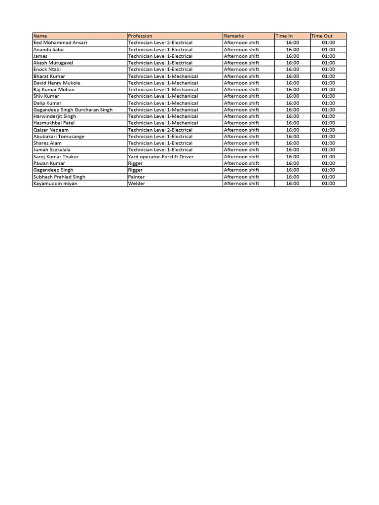 Afternoon Shift List | PDF