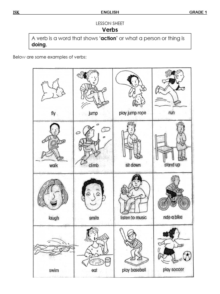 Grade 1 English Verbs Lesson Sheet | PDF