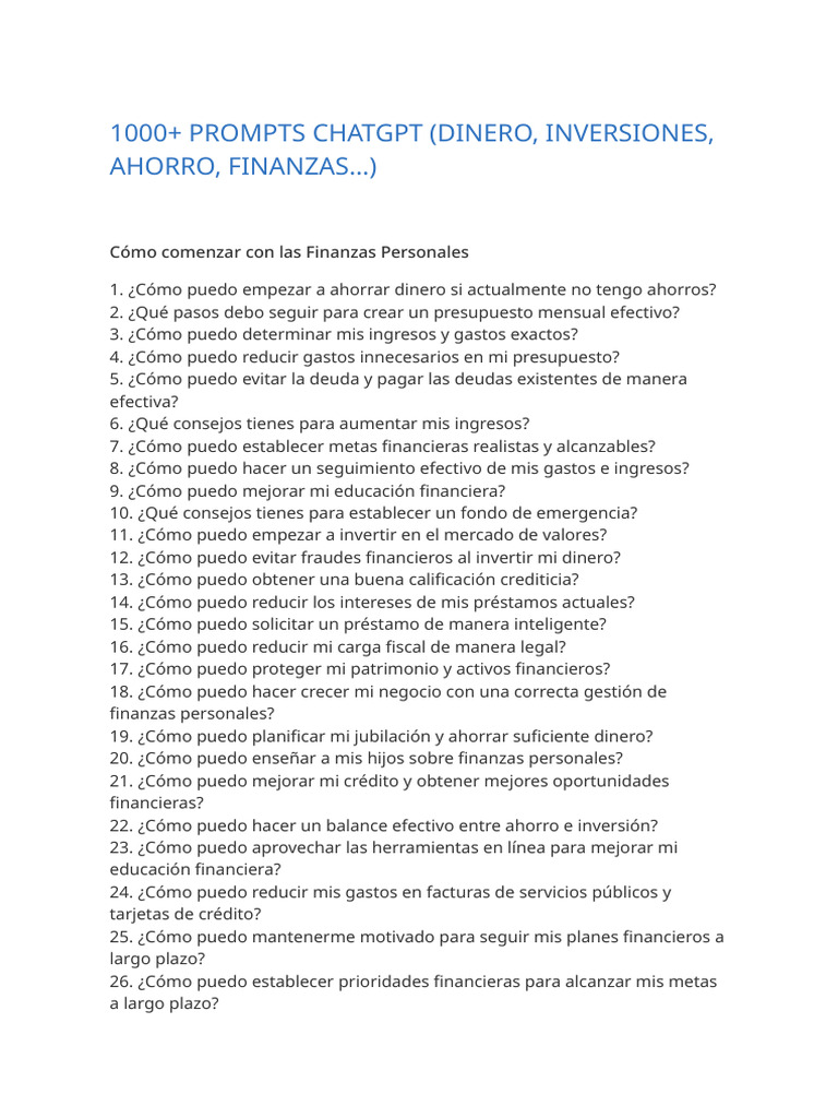 1000 Prompts Dinero | PDF | Portafolio (Finanzas) | Finanzas personales