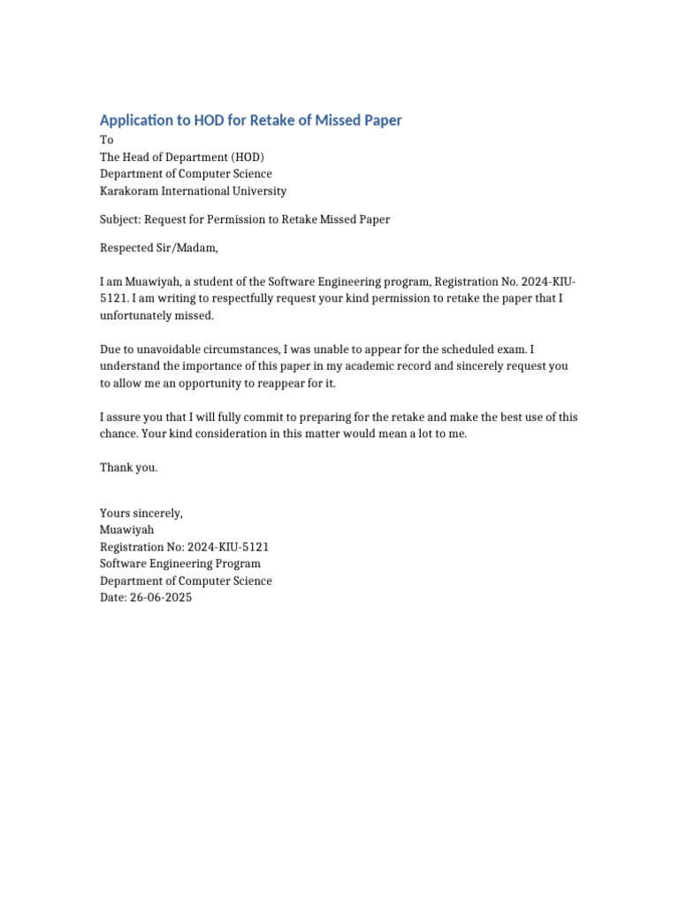 Request to Retake Missed Exam | PDF