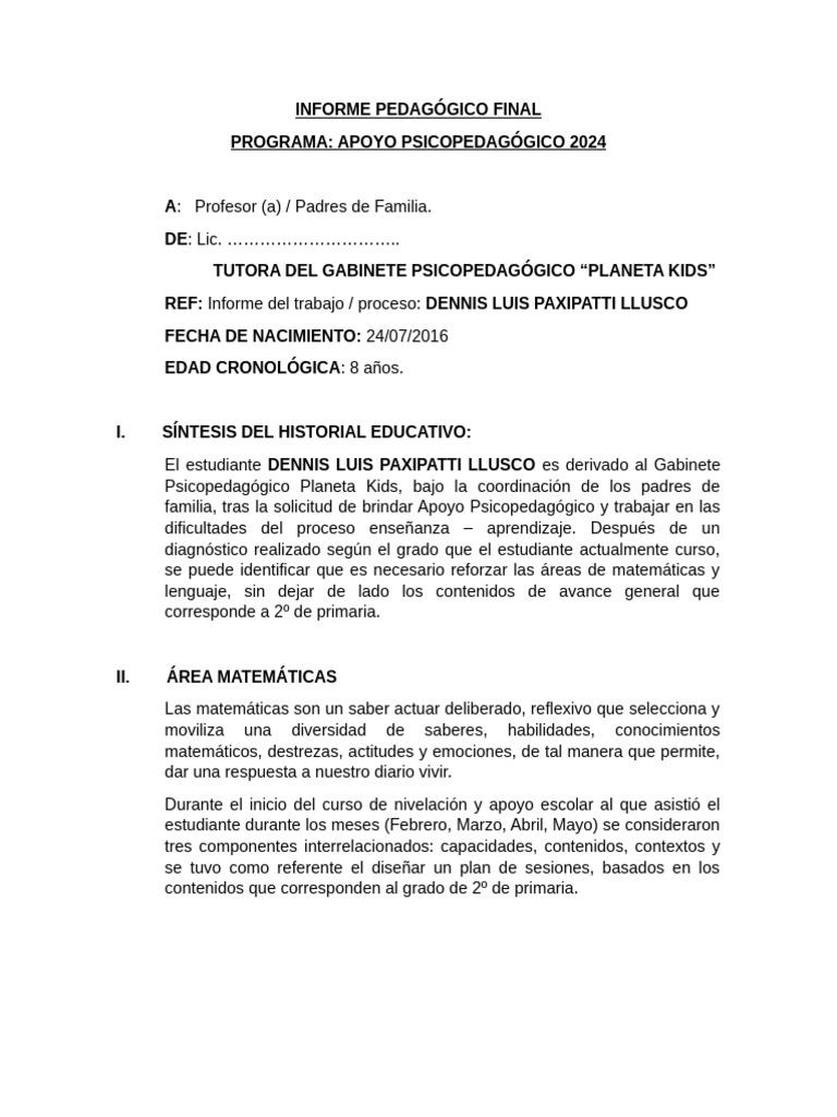 Modelo de Informe Pedagógico Final... | PDF | Aprendizaje | Atención