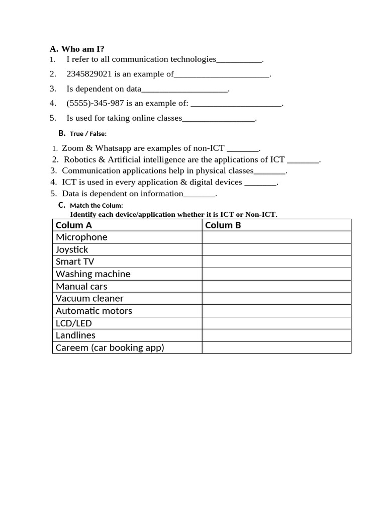 ICT Fundamentals Worksheet for Class VI | PDF | Computer Hardware ...