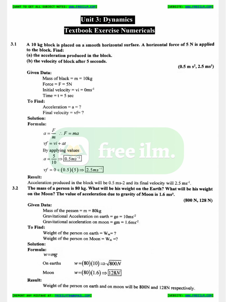 9th Phy New Ch3 Numericals | PDF