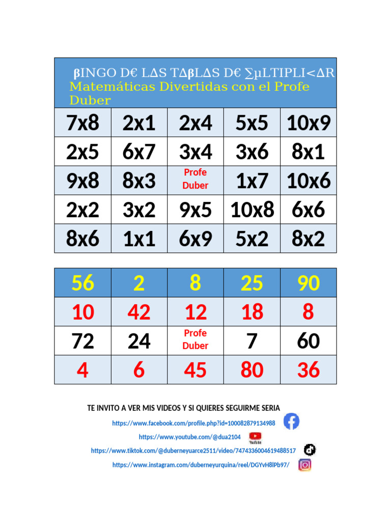 Bingo de Tablas de Multiplicar | PDF