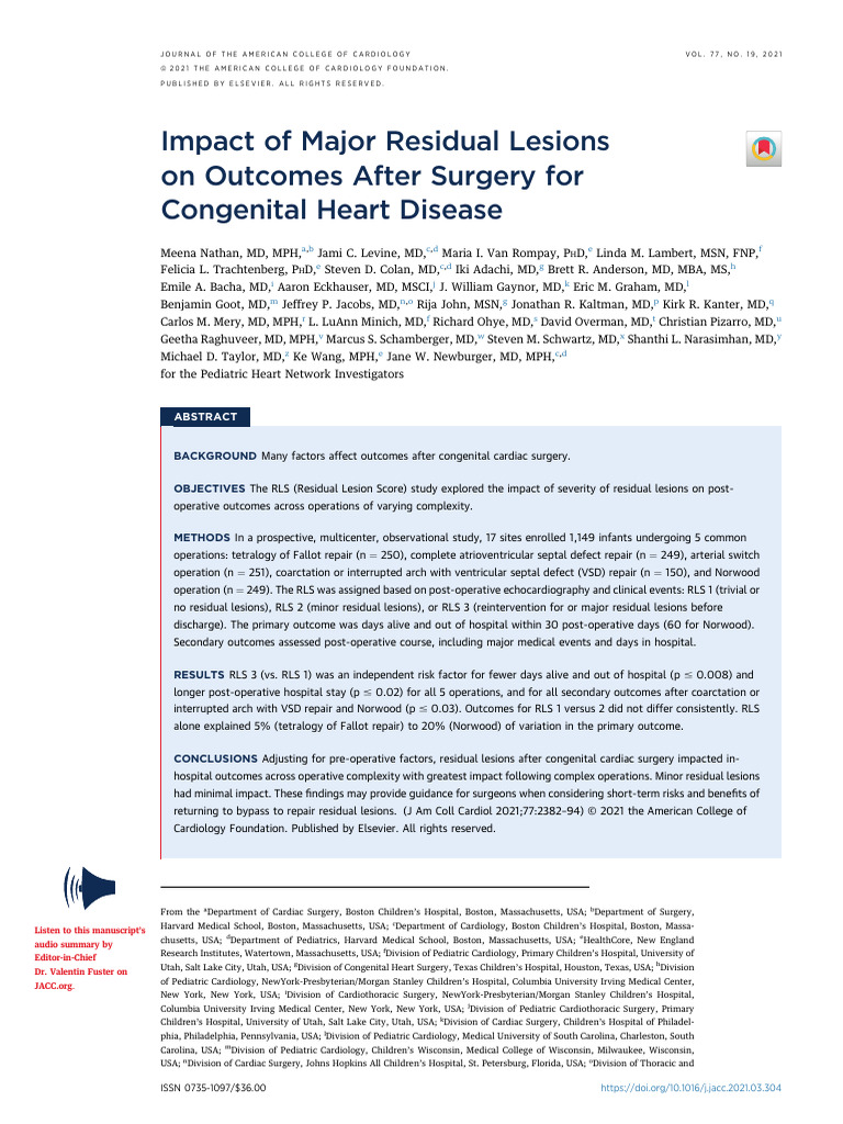 2021 Impact Major Residual Lesions Surgery Congenital Heart Disease ...