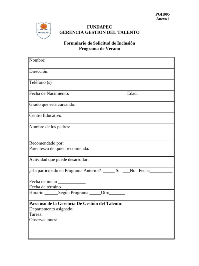 Anexo 1 Solic. Incl. Programa de Verano | PDF