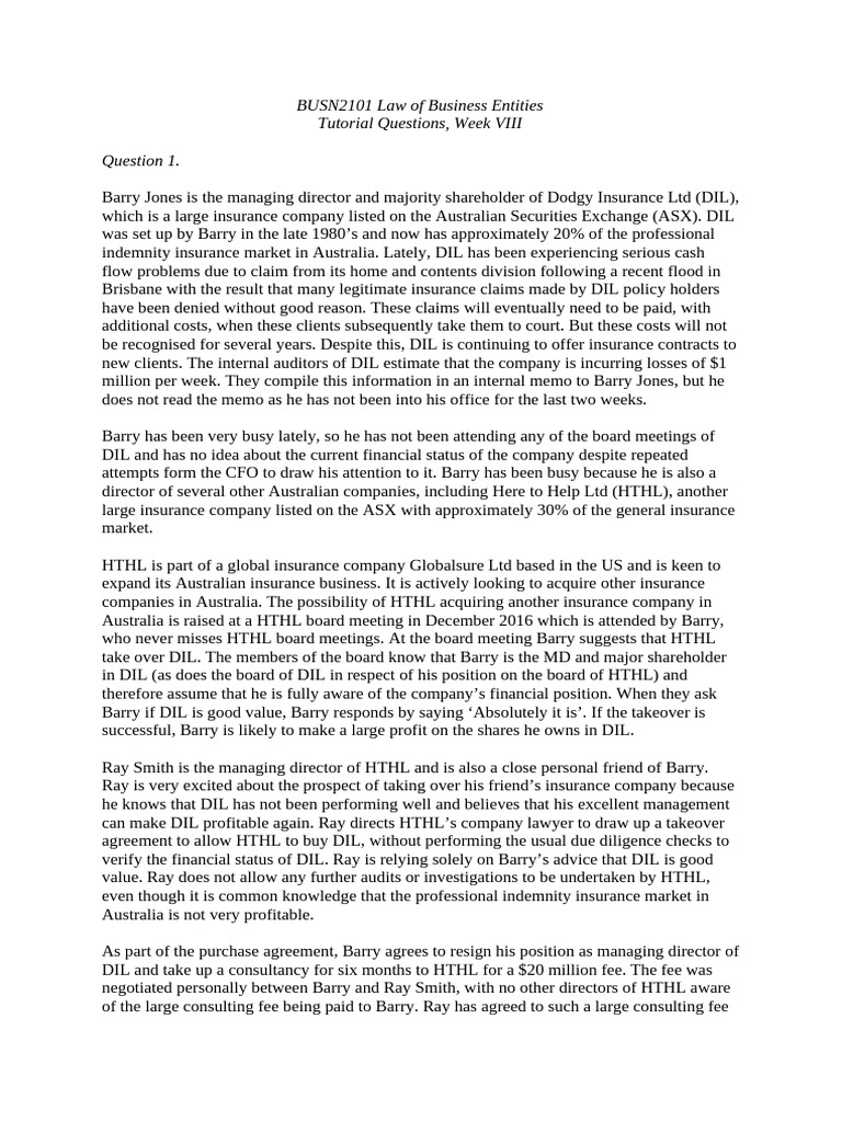 BUSN2101 Law of Business Entities Tutorial Questions, Week VIII | PDF ...