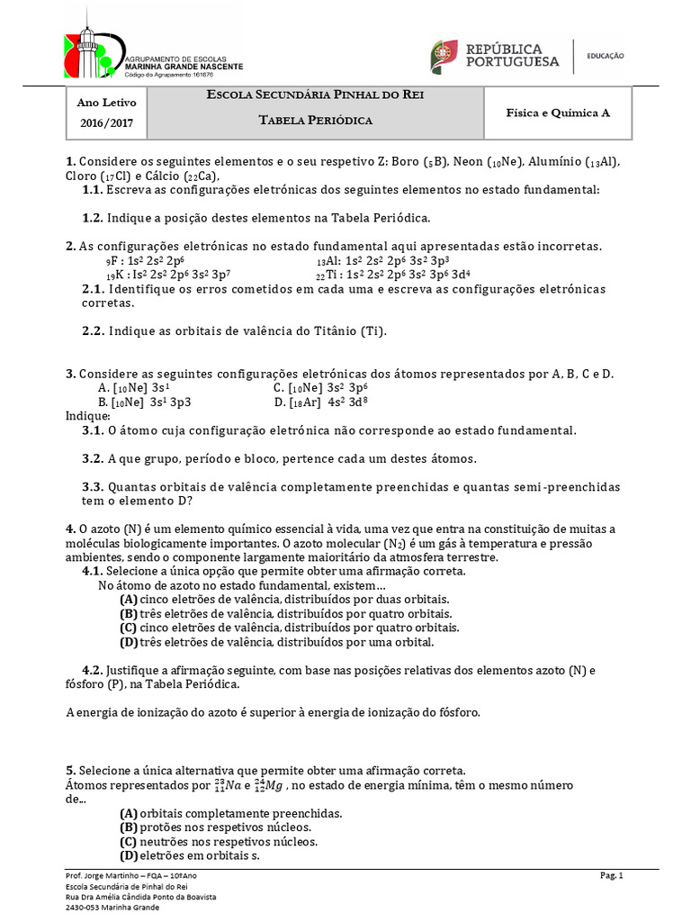 Configurações Eletrónicas e Tabela Periódica | PDF | Átomos | Tabela ...
