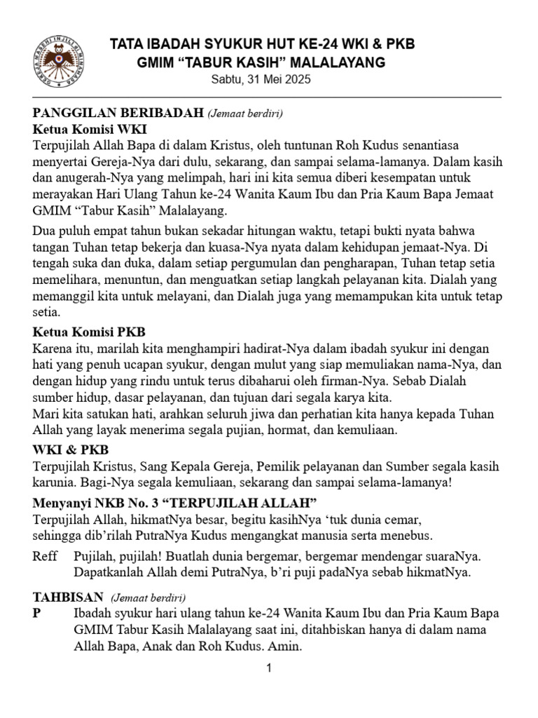 Tata Ibadah Syukur HUT WKI & PKB 2025 | PDF