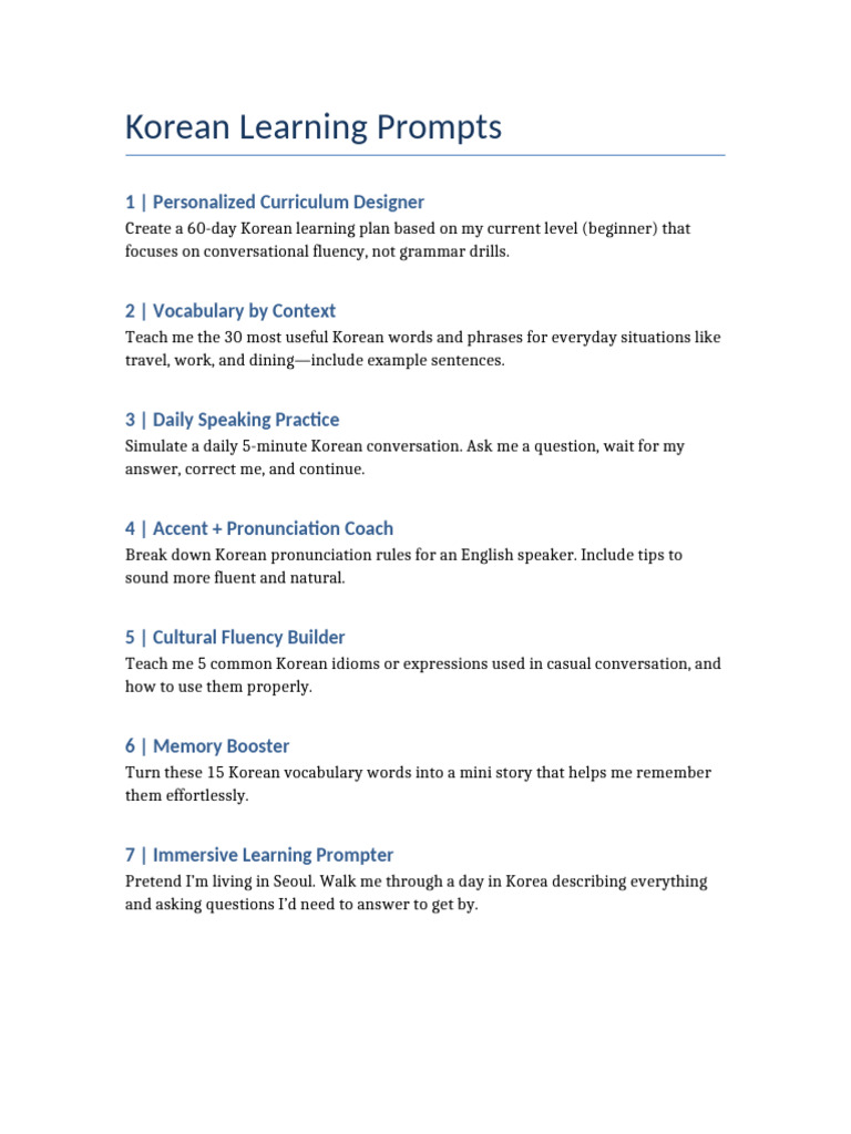 Korean Learning Prompts | PDF