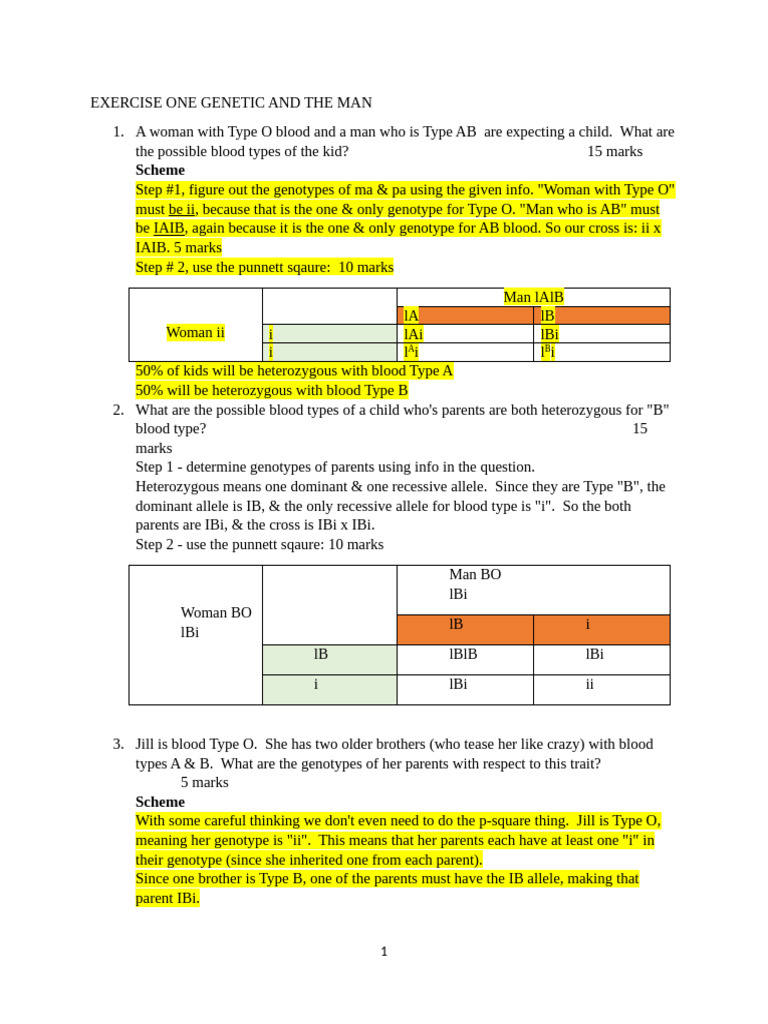 EXERCISE ONE GENETIC AND THE MAN Scheme | PDF | Genotype | Zygosity