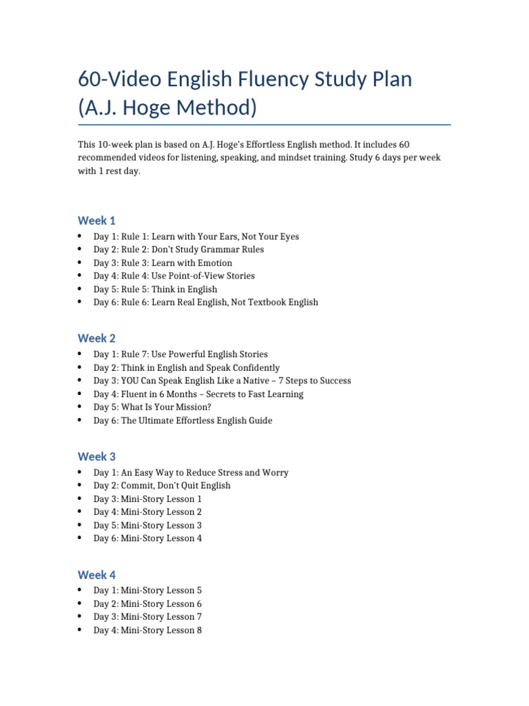 10-Week English Fluency Plan | PDF | Fluency | Humanities Education