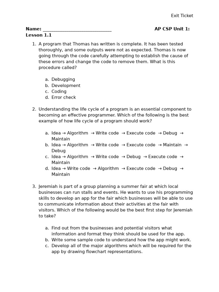 AP - CSP Exit Ticket - Lesson 1.1 | PDF