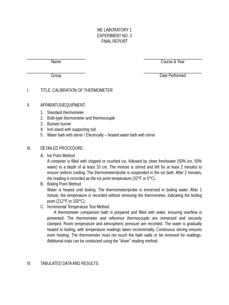 Me Lab Exp 3 Final Report Calibration of Thermometer | PDF | Thermometer | Temperature