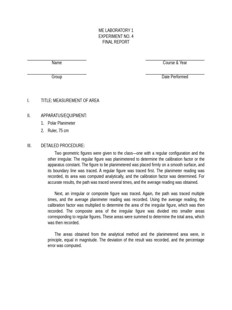Me Lab Exp 4 Final Report Measurement of Area | PDF | Area | Accuracy And Precision