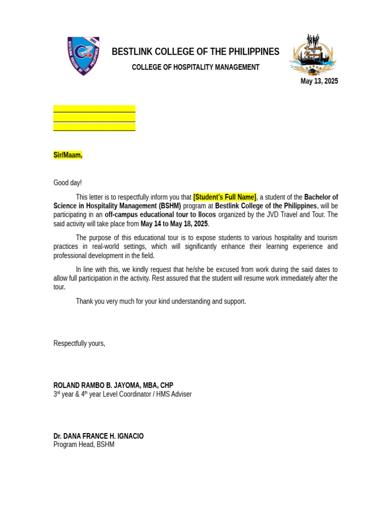 Tour Excuse Letter | PDF