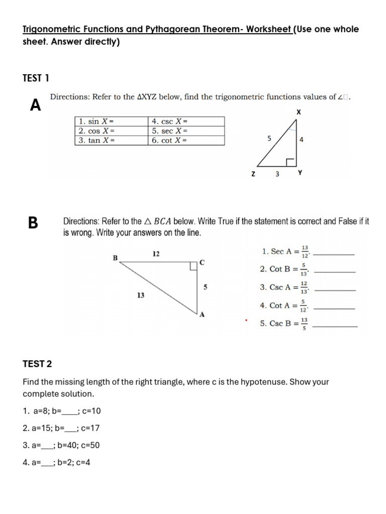 Trigonometry Worksheet: Right Triangles | PDF