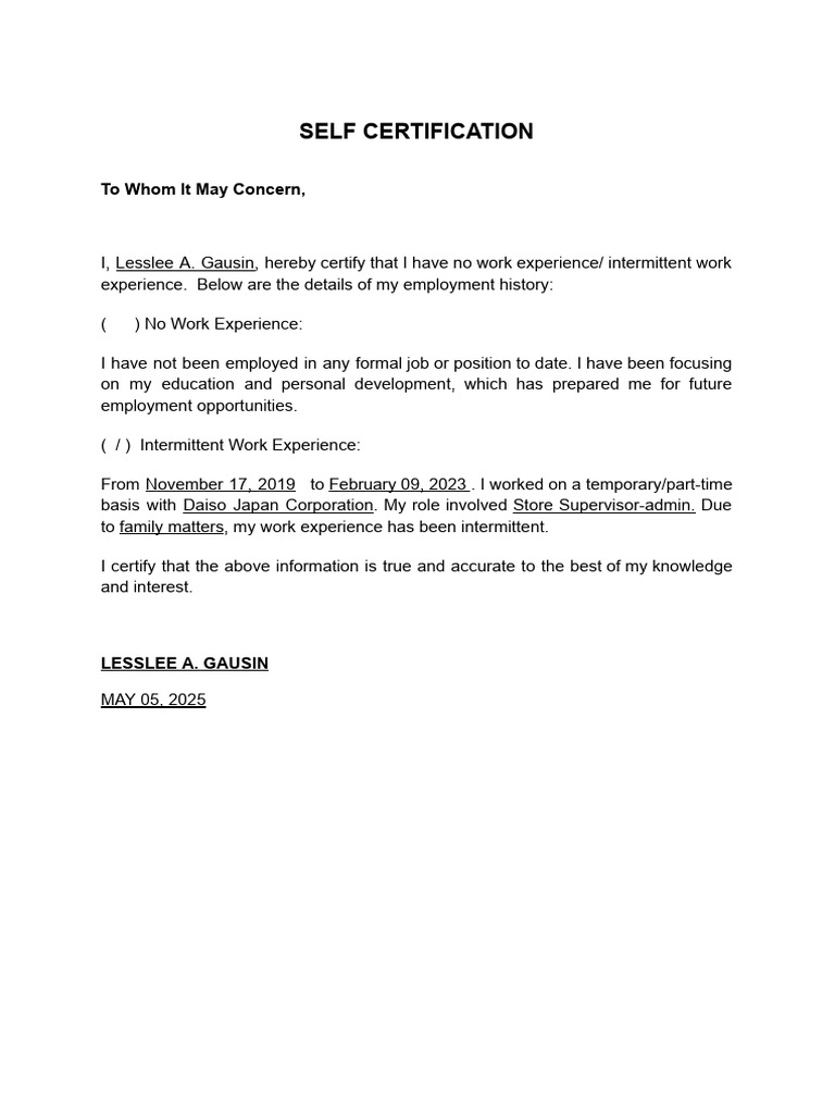 Self Certification | PDF