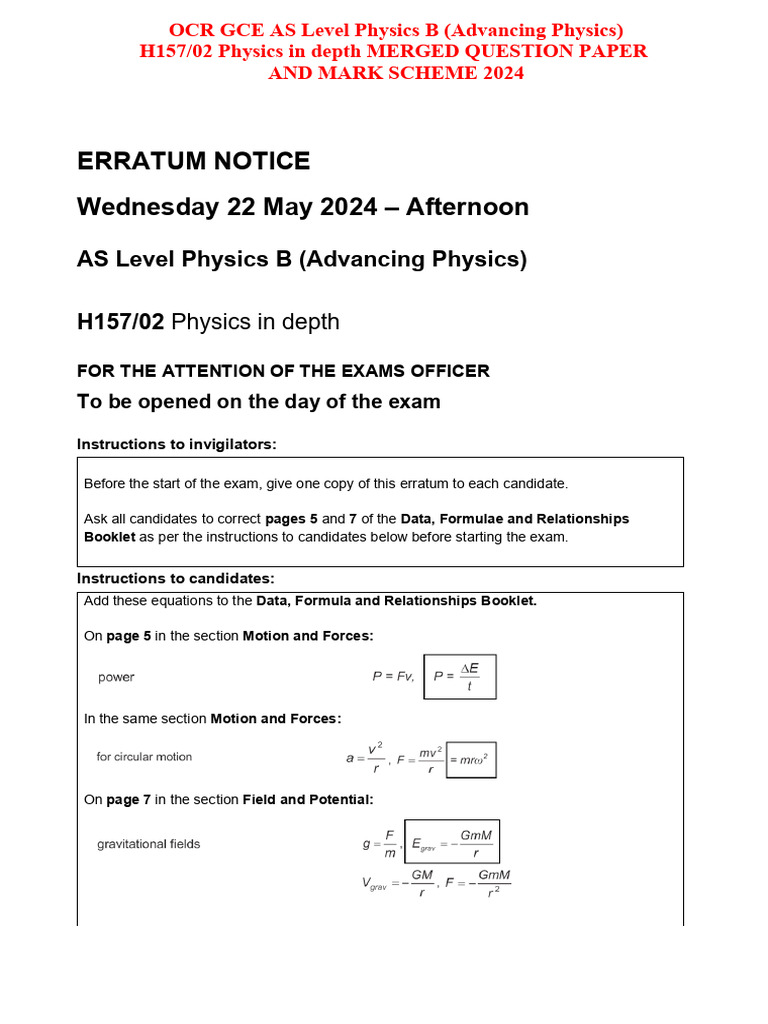 A Level May 2024 Ocr Physics B Paper 2 and Mark Scheme | PDF | Light | Mass