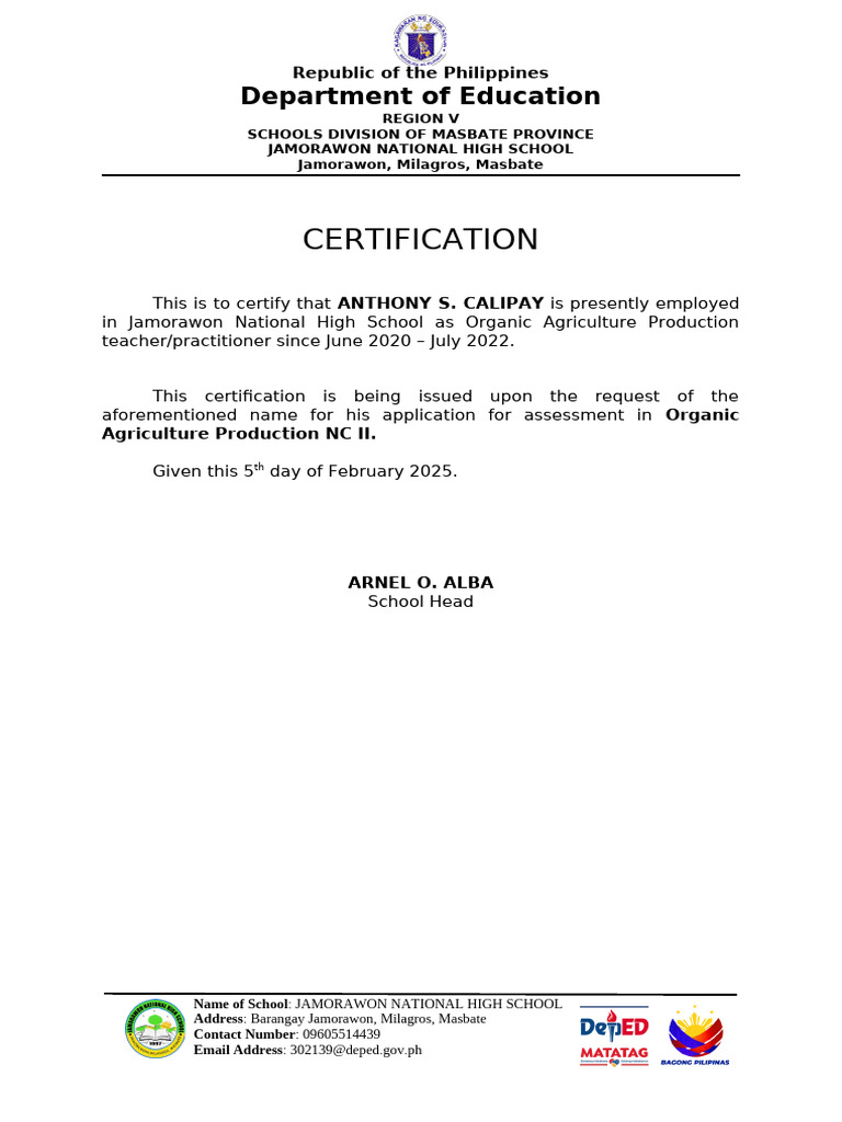 Certification For Tesda Assessment | PDF