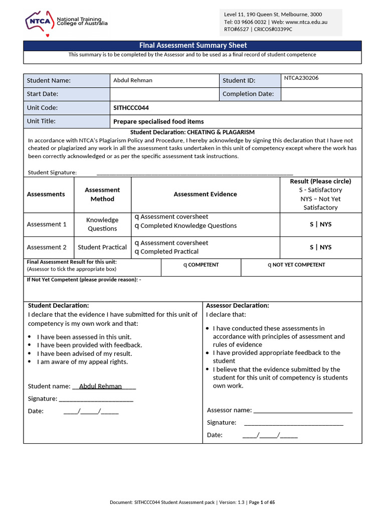 NTCA230206 - Group-18 - SITHCCC044 Student Assessment Pack | PDF | Plagiarism | Personal ...