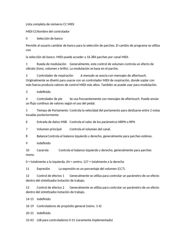 Lista de Números MIDI | PDF | Sintetizador | Tecnología musical