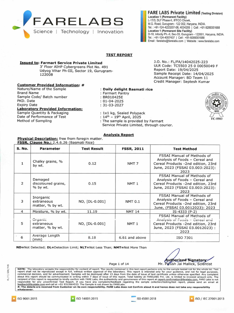 Gauri Delight Basmati Rice Test Report | PDF