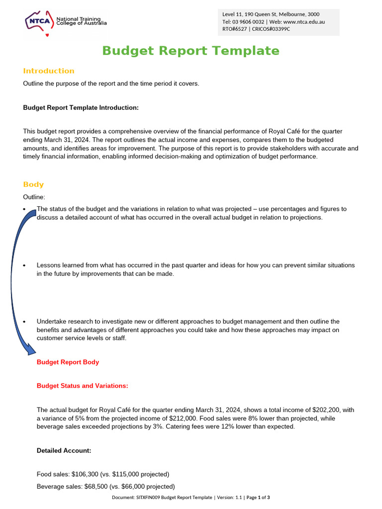 NTCA230335 - SITXFIN009 Budget Report Template | PDF | Budget | Expense