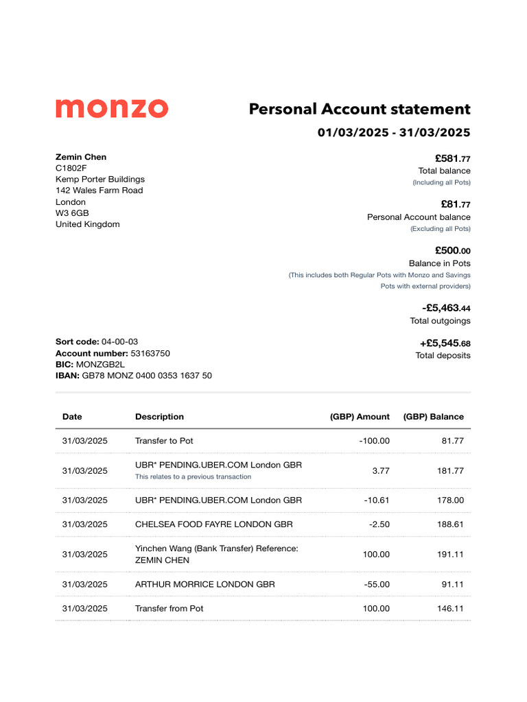 Monzo - Bank - Statement - 2025 03 01 2025 03 31 - 4817 | PDF | Deposit ...
